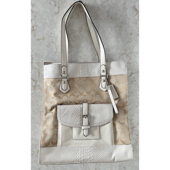 Coach | Bags | Coach Beige Cloth Tote With White Python Leather And ...